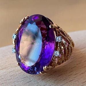 Jewelry | Vintage 14k Yellow Gold Huge Amethyst Diamond Ring Statement ...